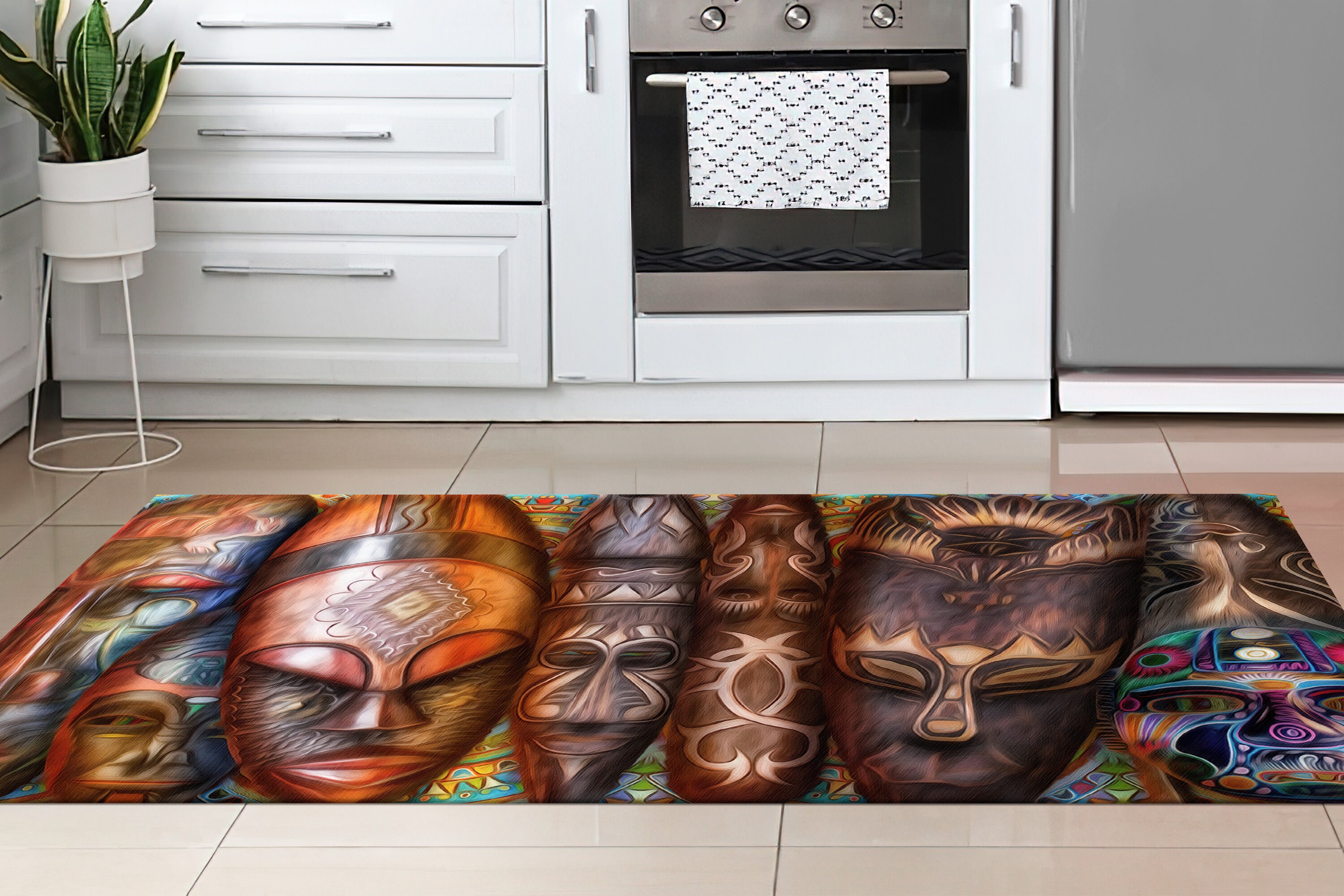 African Traditional Mask Rug, African Mask Rug, Brown Rugs, Abstract ...