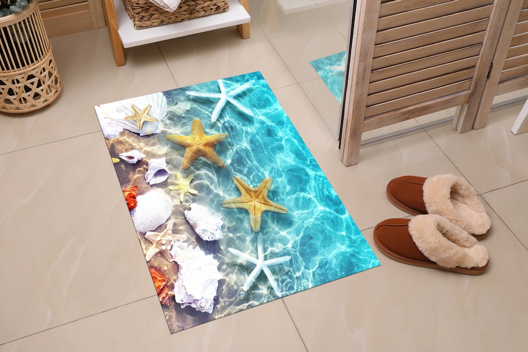 Starfish Seashell Beach Rug | Coastal Summer Area Rug | Machine ...