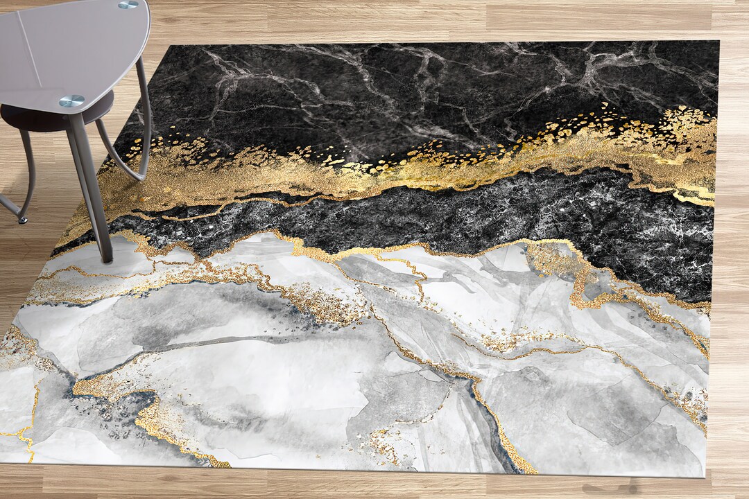 Black Marble Rug, Gold Marble Rug, Luxury Marble Rug, Marble Rug, Anti ...