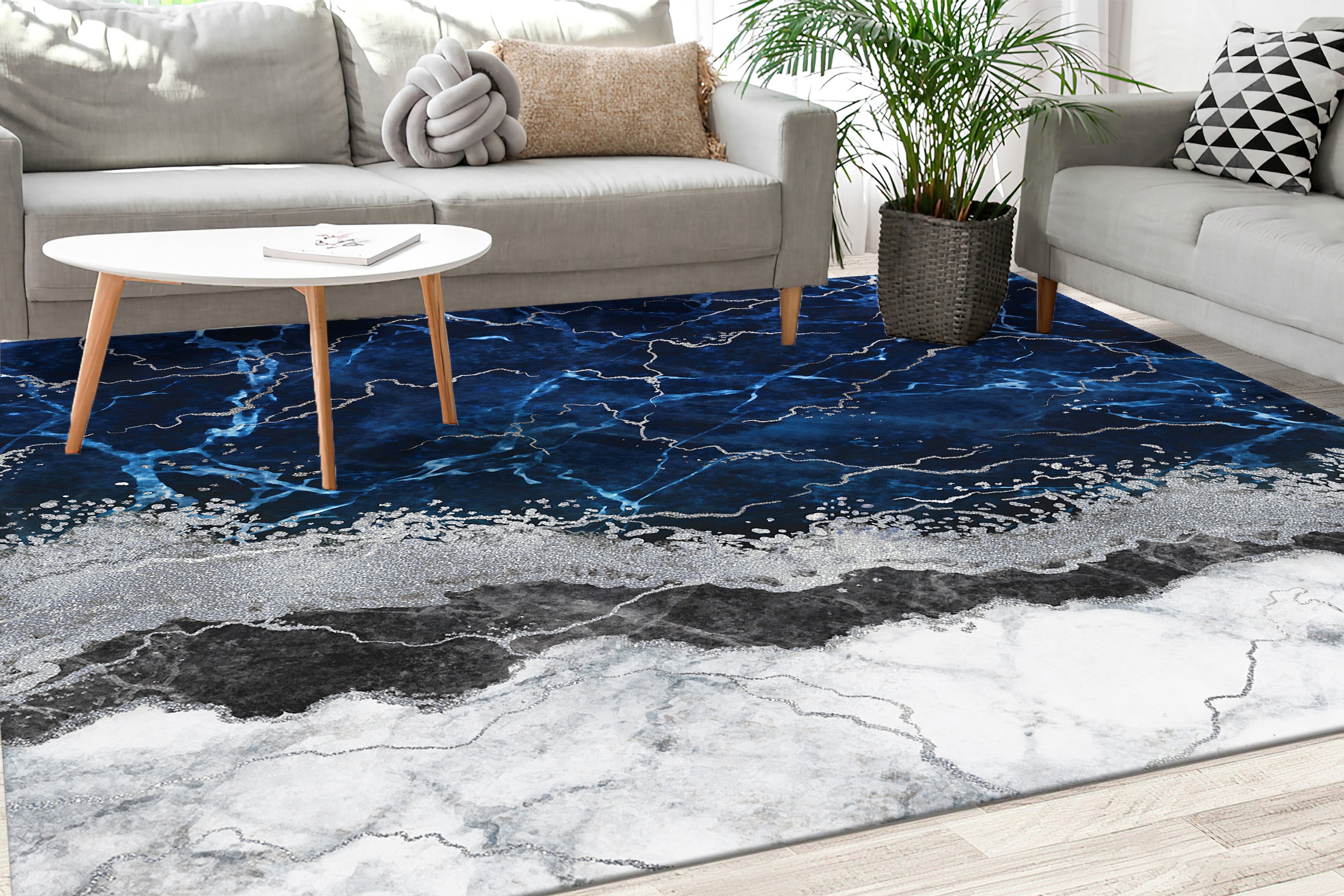 Blue Rug Silver Marble Rug Luxury Decor Blue and Silver - Etsy