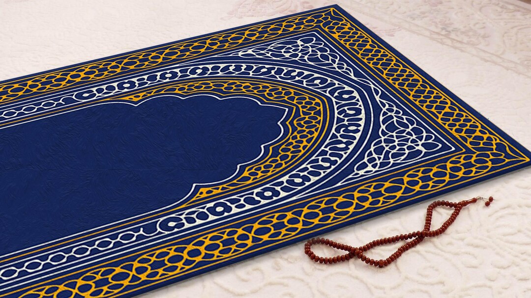 Navy Blue Prayer Rug, Gold Pattern Islamic Prayer Mat, Traditional ...