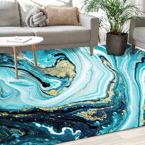 Blue and Gold Rugs, Shimmery Rug, Colorful Marble Rug, Modern Rug, Soft ...