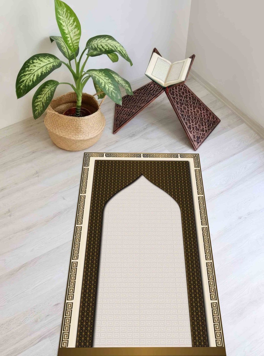 Brown and Gold Prayer Rug, Spiritual Rugs, Luxury Prayer Rug, Muslim ...