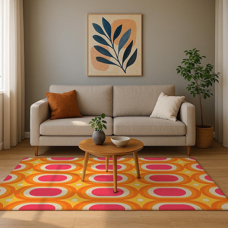 Retro Pop Art Rug, Colorful 70s Pattern Floor Mat in Pink Orange Yellow ...