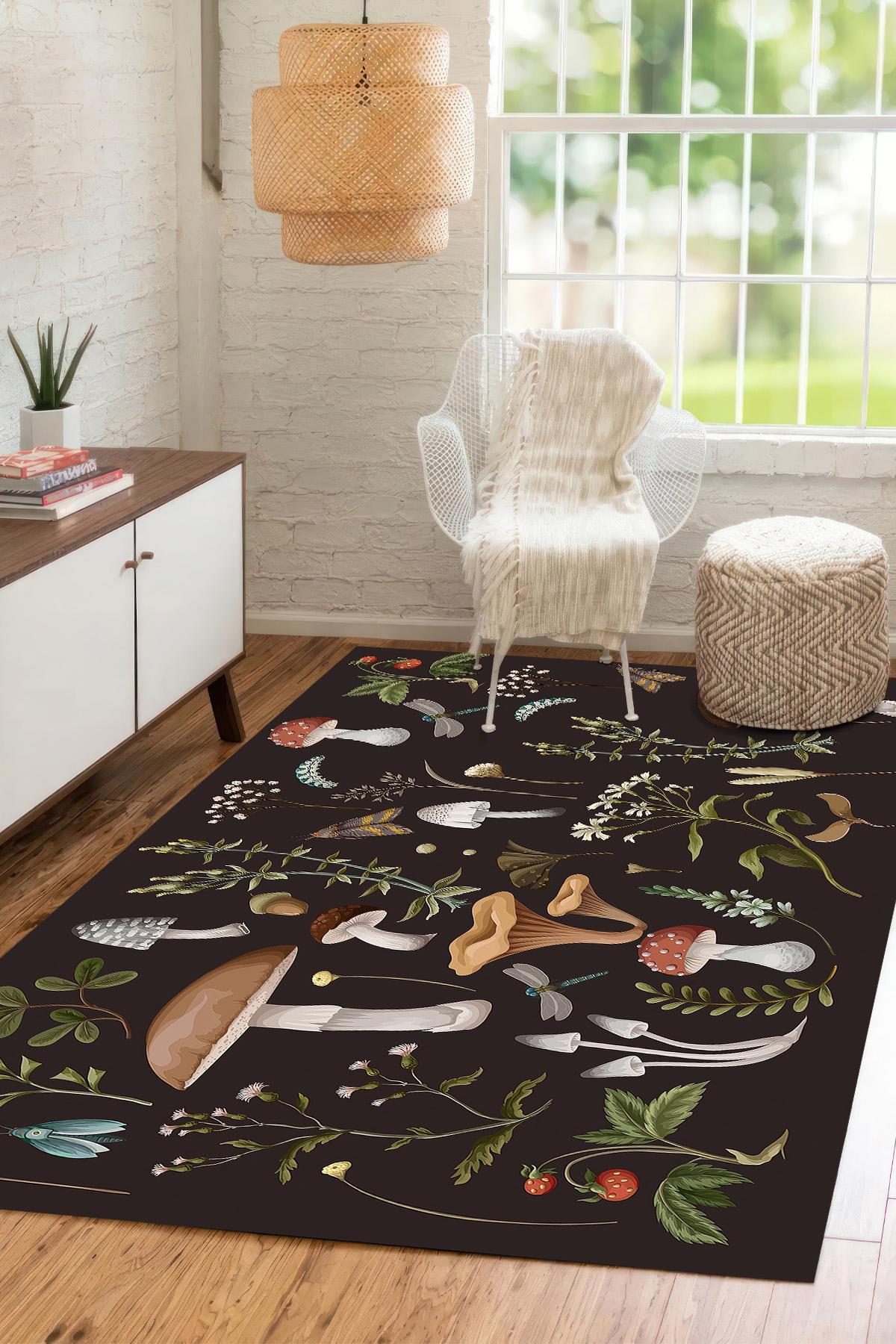Mushroom Botanical Rug, Dark Forest Floor Mat With Fungi and Plants ...