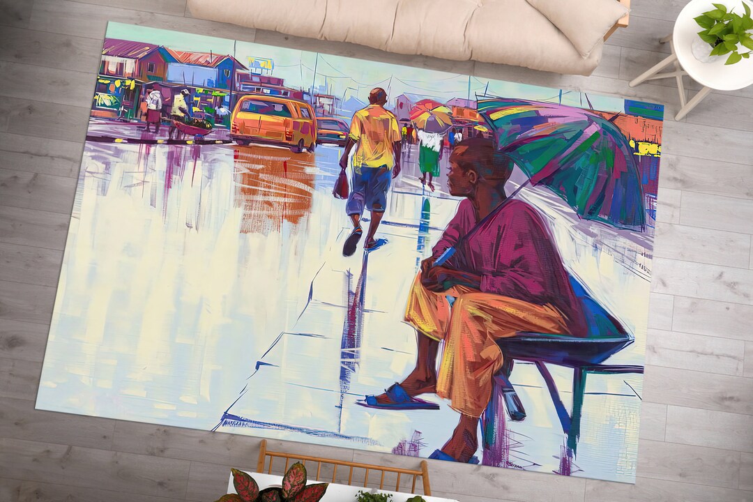 African Woman With Umbrella Rug, Nigerian Landscape Rugs, African Woman ...