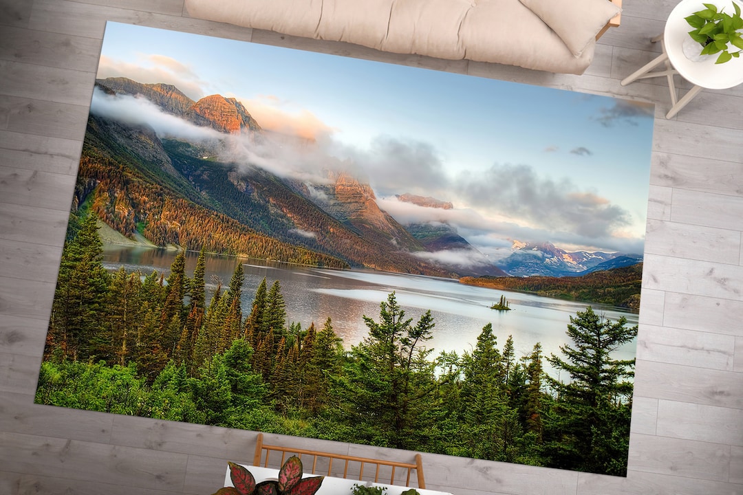 Saint Mary Lake Rug, Landscape Rugs, Forest Landscape Rug, Glacier ...