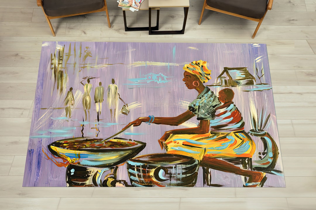 African Mother Cooking Rug, Authentic Nigerian Rugs, Black Woman Rugs ...
