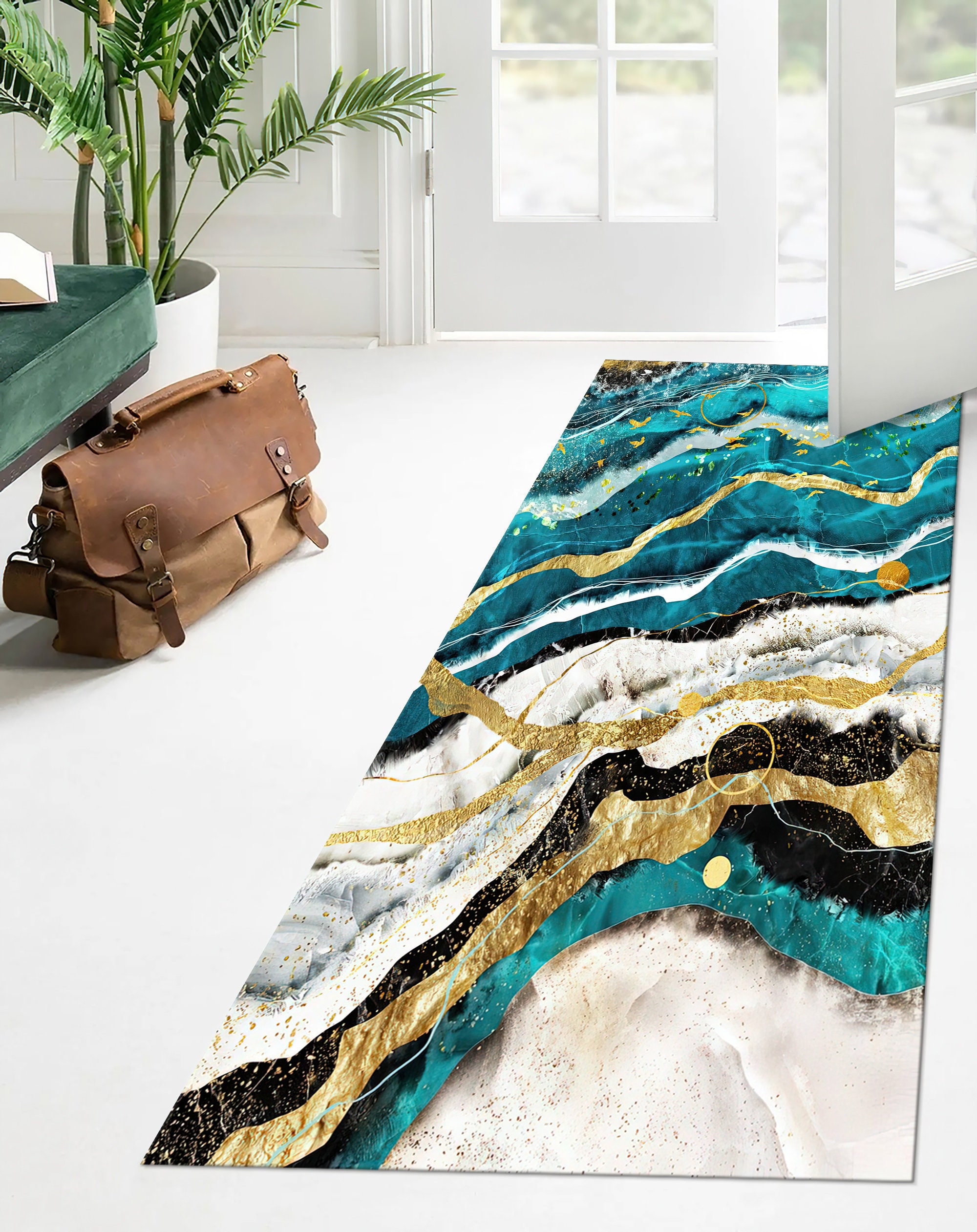 Blue and Gold Marble Rug Modern Marble Rug Contemporary Rug - Etsy