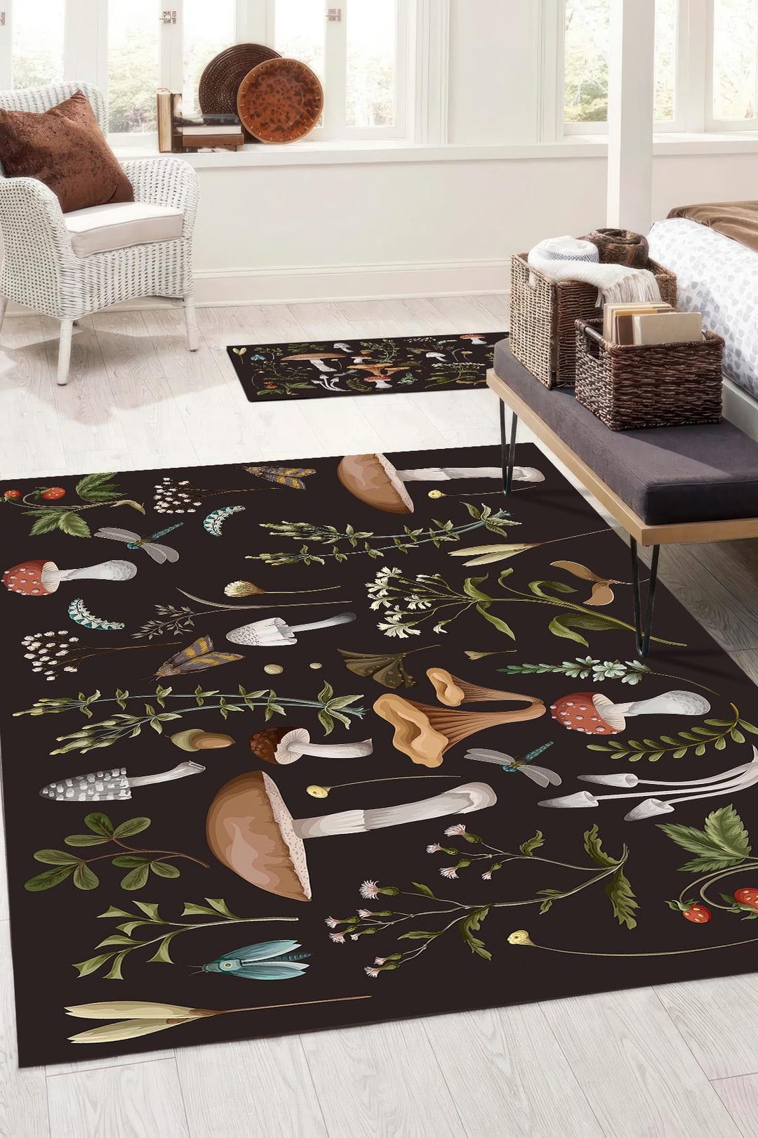 Mushroom Botanical Rug, Dark Forest Floor Mat With Fungi and Plants ...