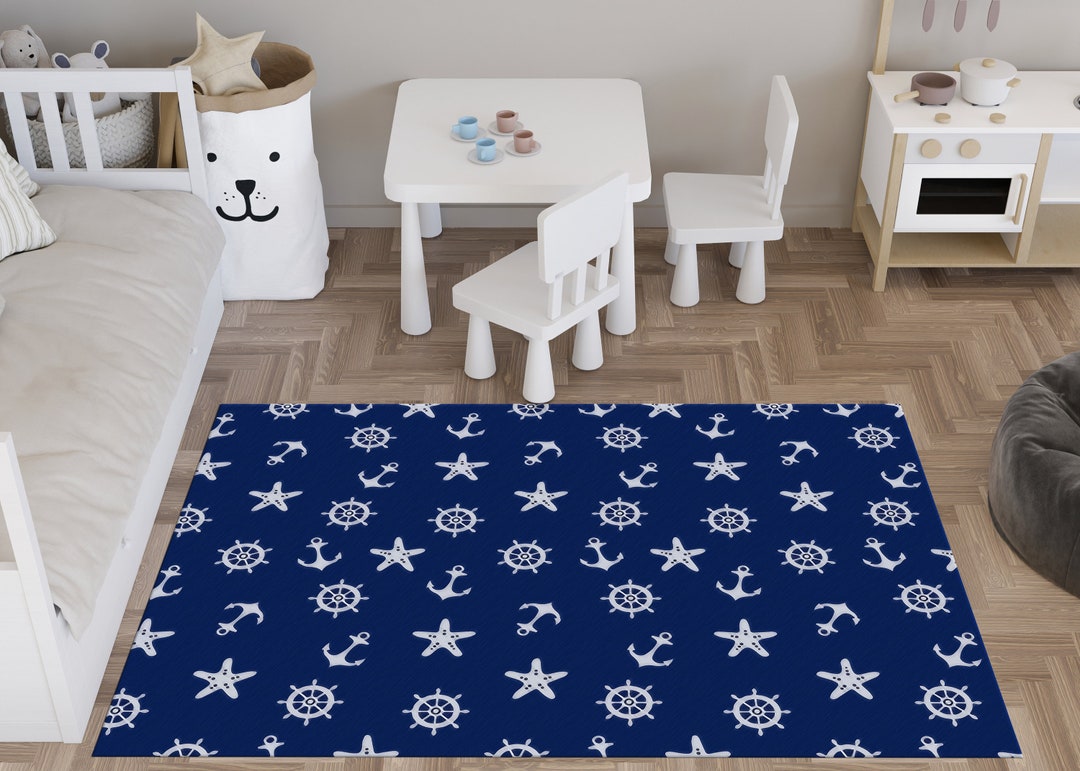 Nautical Compass Sail Anchor Rug, Boy Room Rugs, Navy Blue Rugs ...