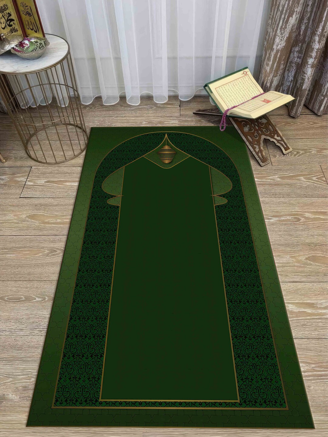 Green Prayer Rug, Gold Prayer Rug, Islamic Rug, Spiritual Rug, Worship ...