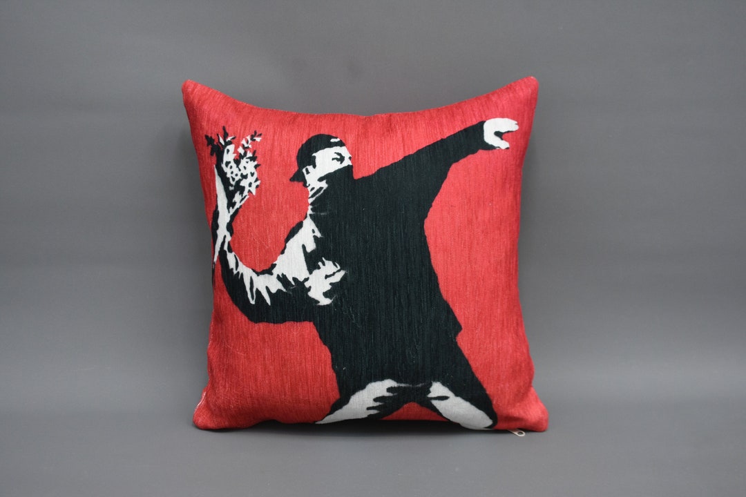 Banksy Flower Pillow, Red Pillow, Banksy Graffiti Art, Flower Thrower ...