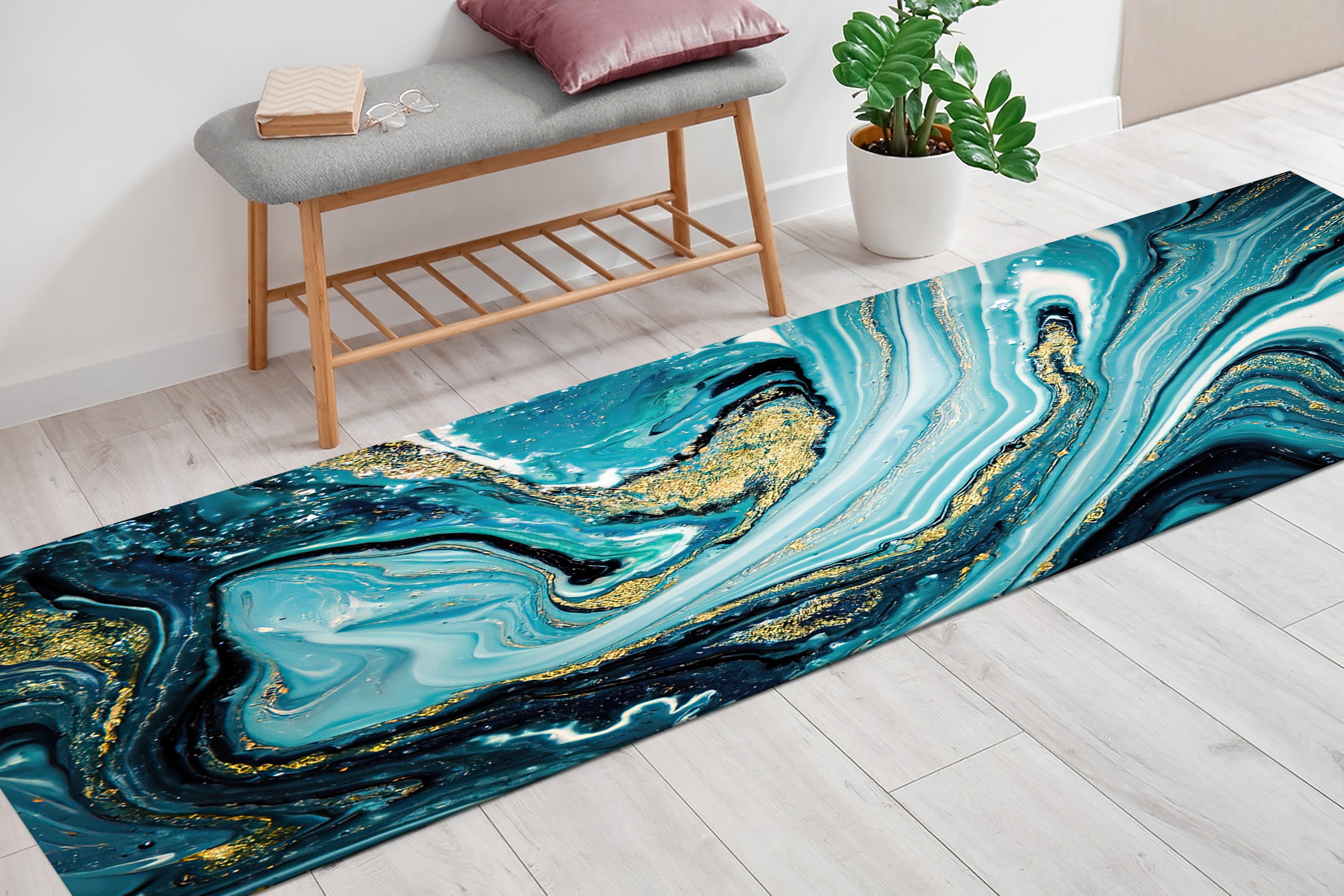 Blue and Gold Rugs, Shimmery Rug, Colorful Marble Rug, Modern Rug, Soft ...
