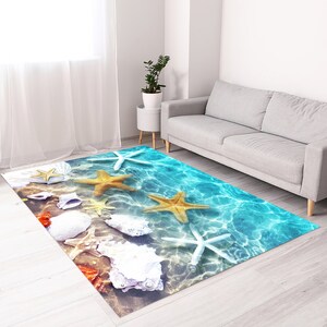 Starfish Seashell Beach Rug | Coastal Summer Area Rug | Machine ...