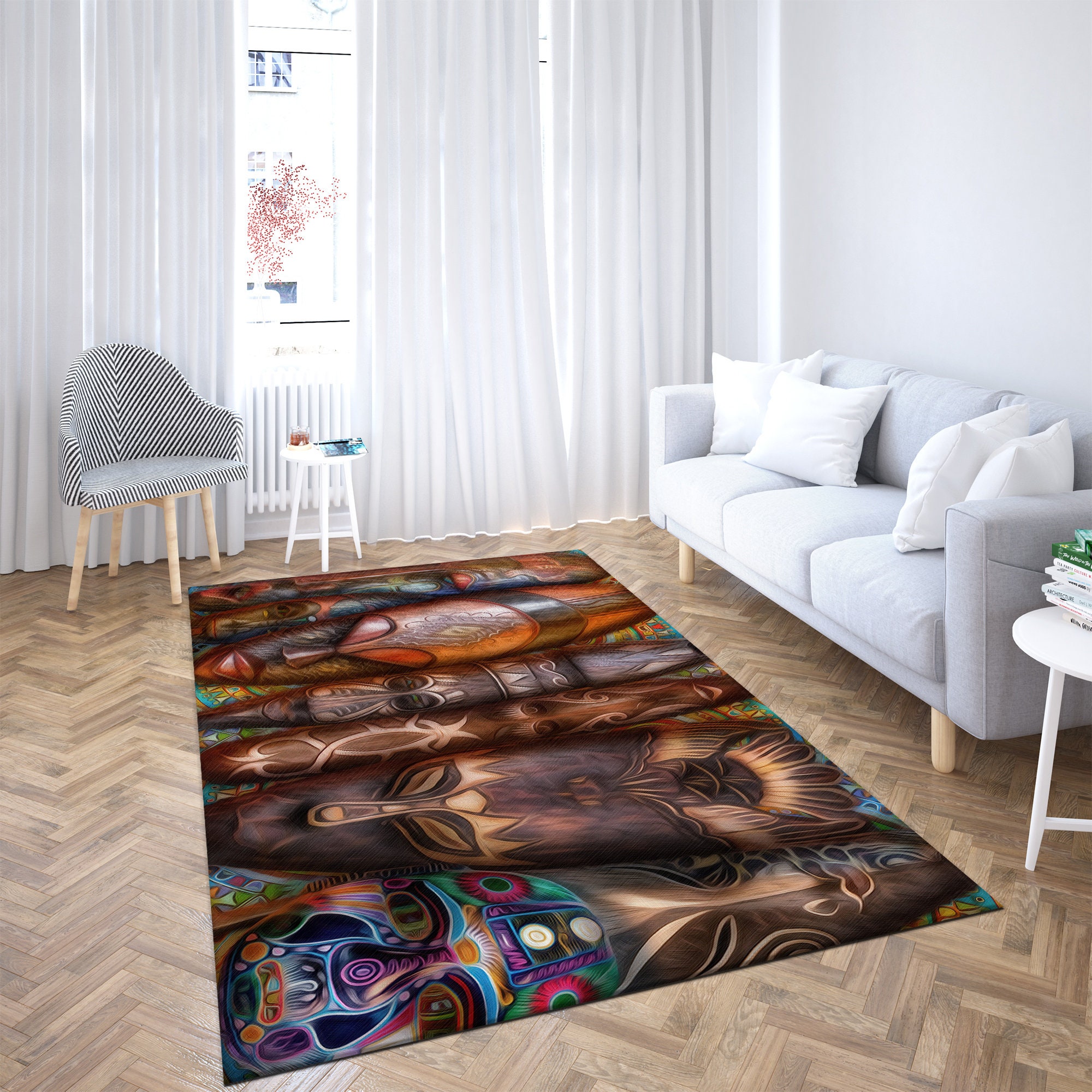 African Traditional Mask Rug, African Mask Rug, Brown Rugs, Abstract ...
