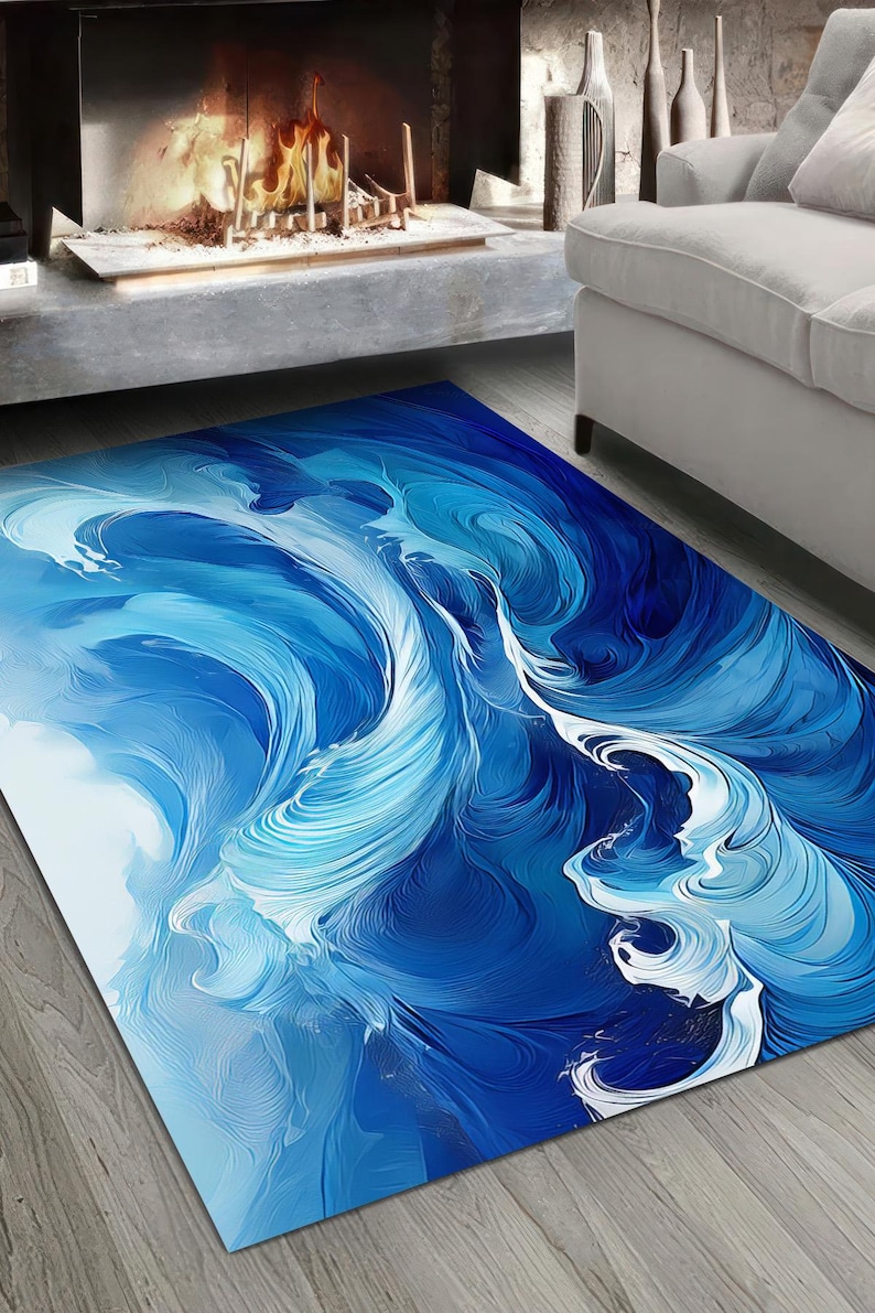 Blue Ocean Wave Area Rug, Abstract Water Movement Carpet for Living ...