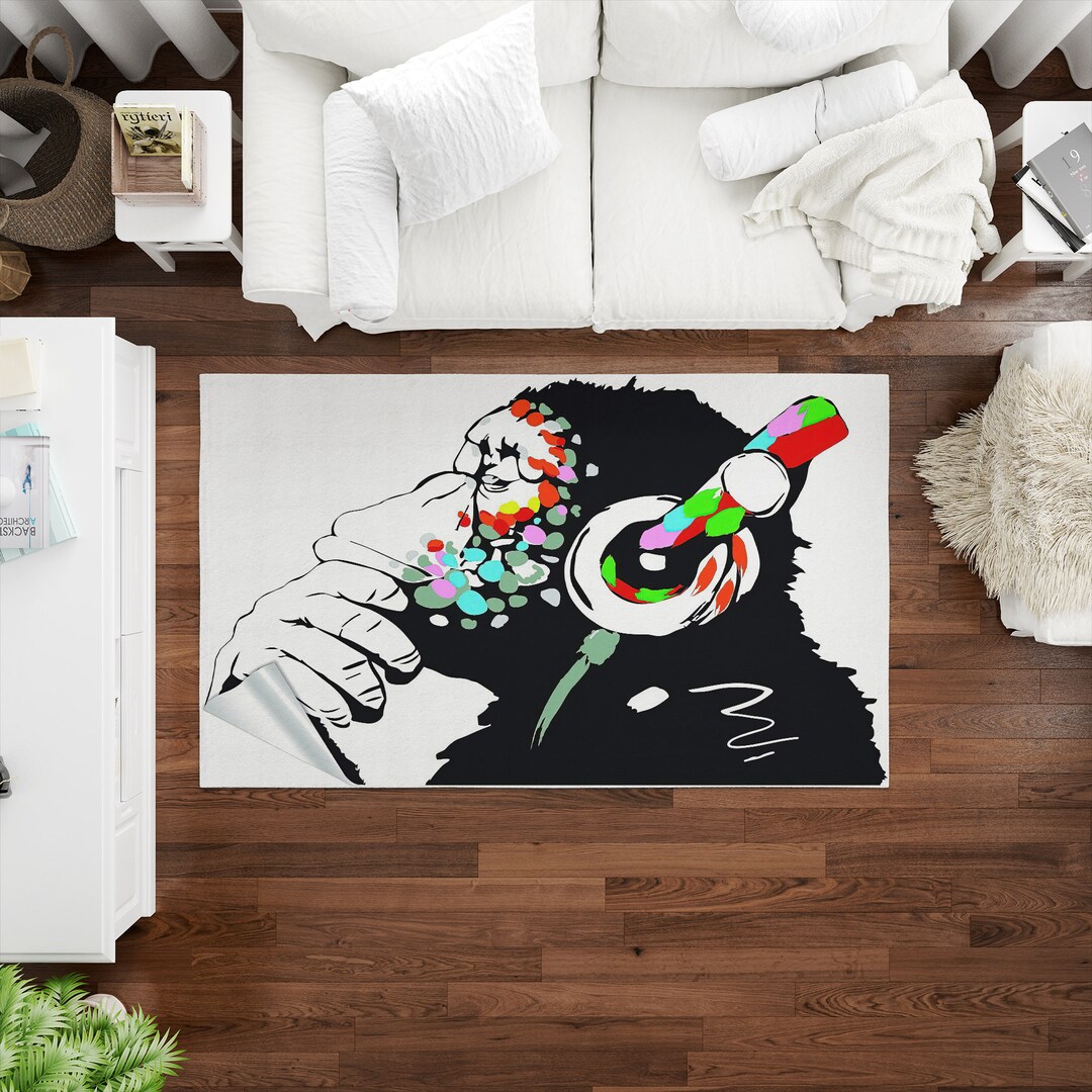 Banksy Thinking Monkey Rug, Music Graffiti Rug, Abstract Monkey Rug ...