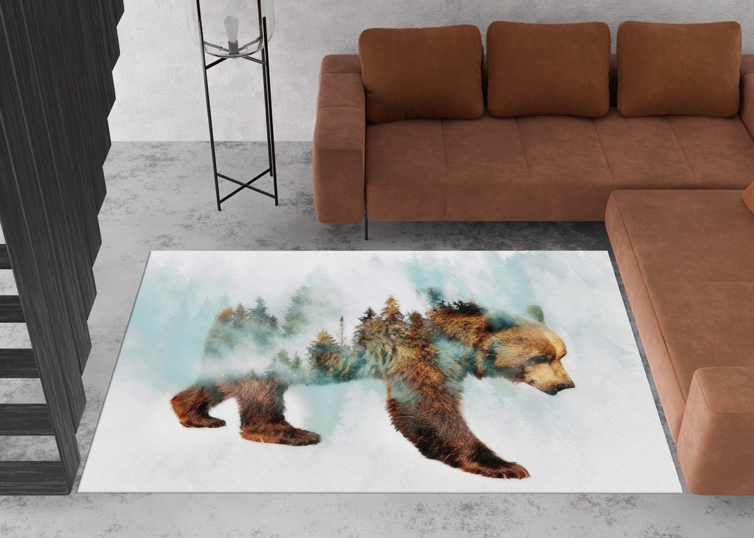 Bear Walking in Snow Rugs, Bear Walking in Snow Rug, Abstract Forest ...
