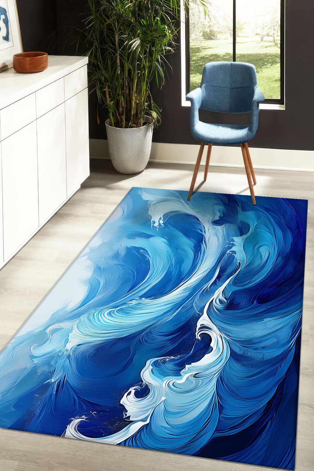 Blue Ocean Wave Area Rug, Abstract Water Movement Carpet for Living ...