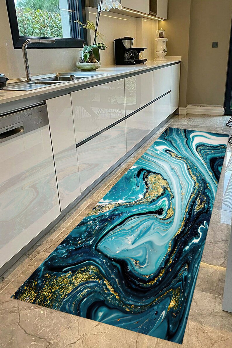 Blue and Gold Rugs, Shimmery Rug, Colorful Marble Rug, Modern Rug, Soft ...