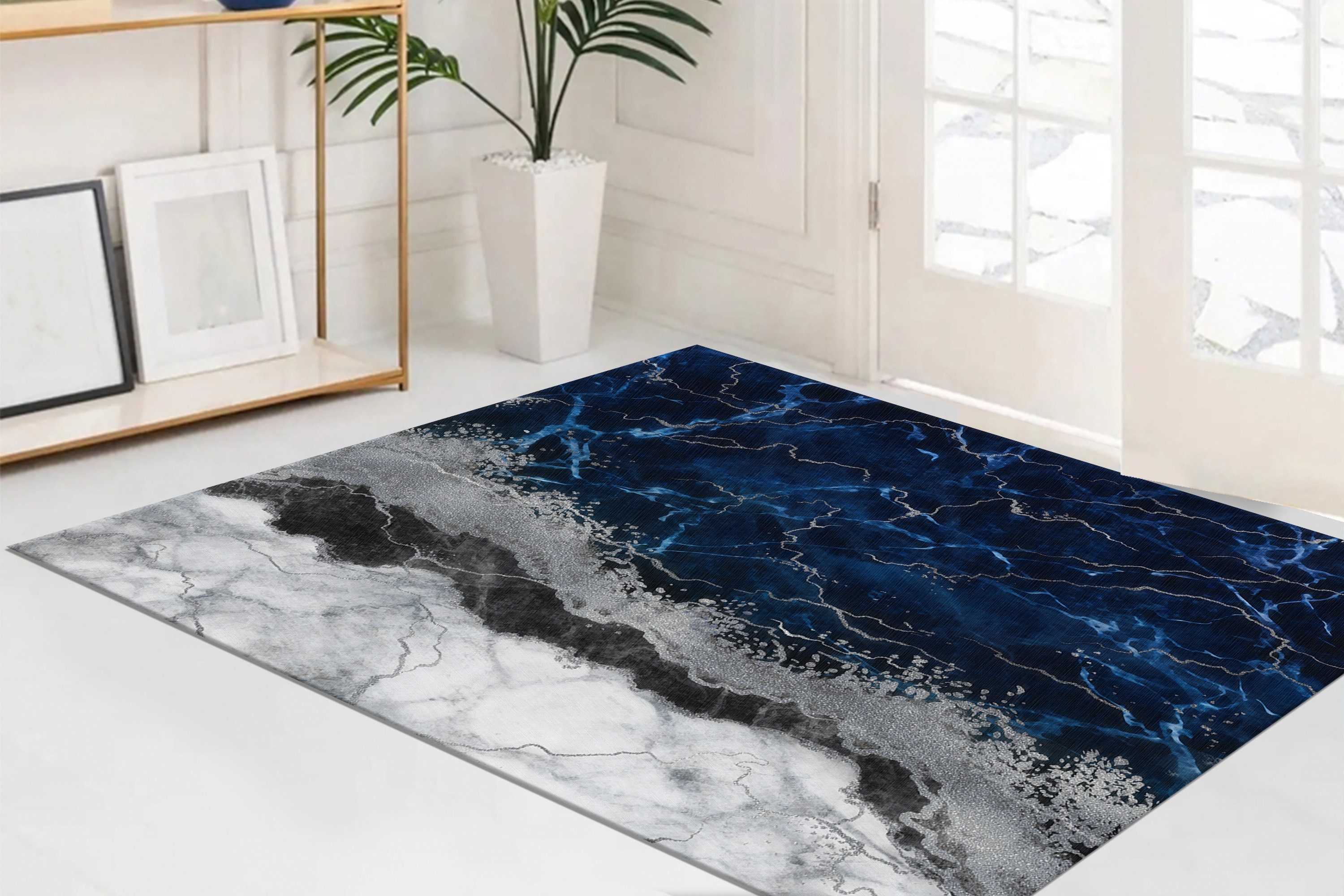 Blue Rug Silver Marble Rug Luxury Decor Blue and Silver - Etsy