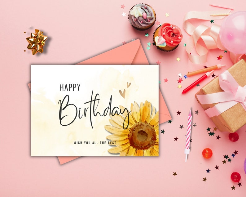 Printable Birthday Card, Instant Downloadable Birthday Card, Sunflower ...