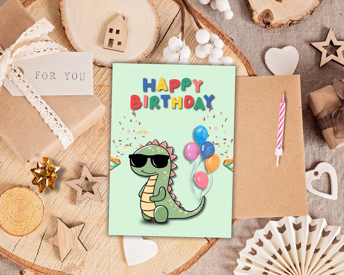Cute Dino Birthday Cards, Printable Birthday Card, Instant Downloadable ...
