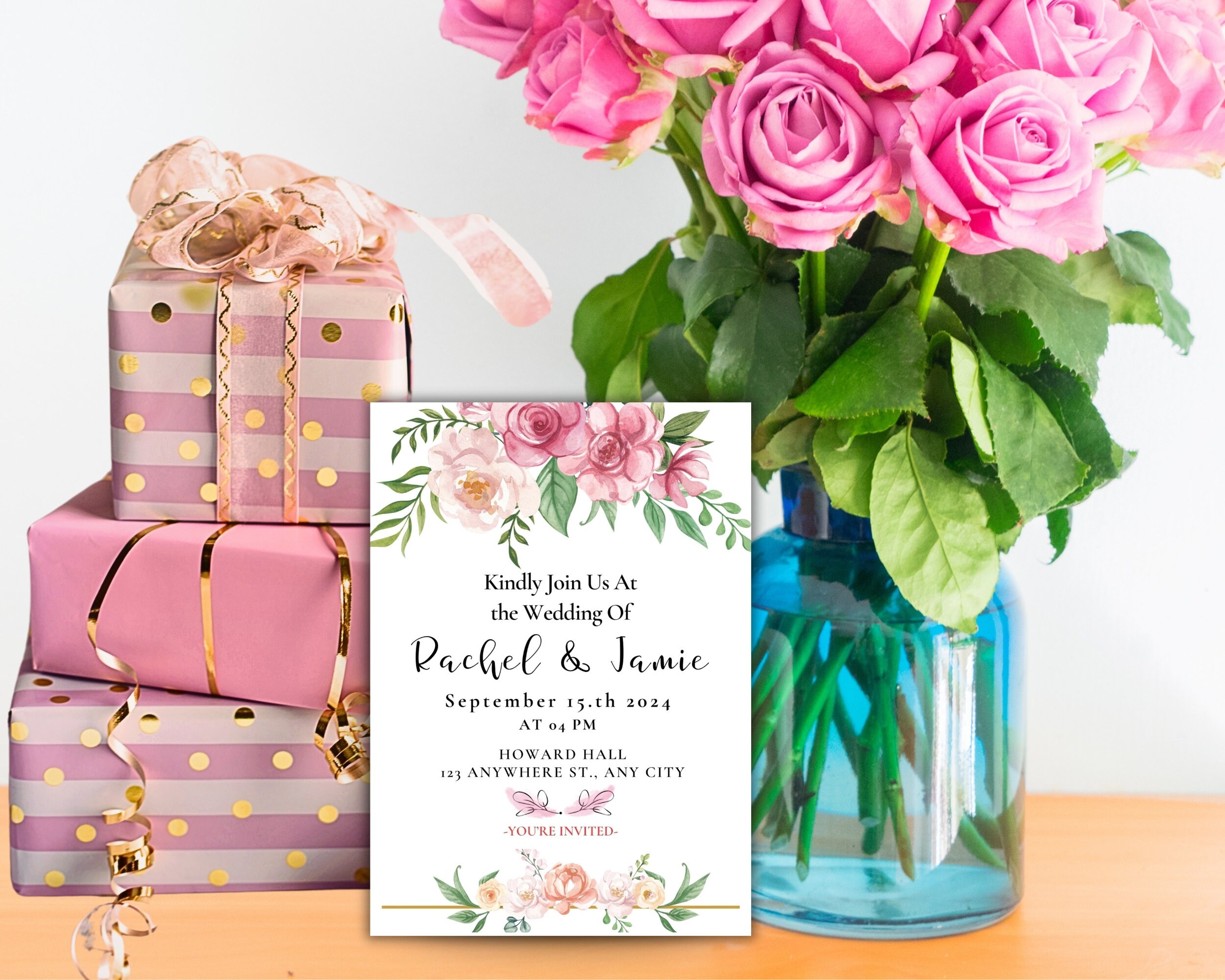 Pink Floral Wedding Invitation Set Template, Personalized Wedding ...