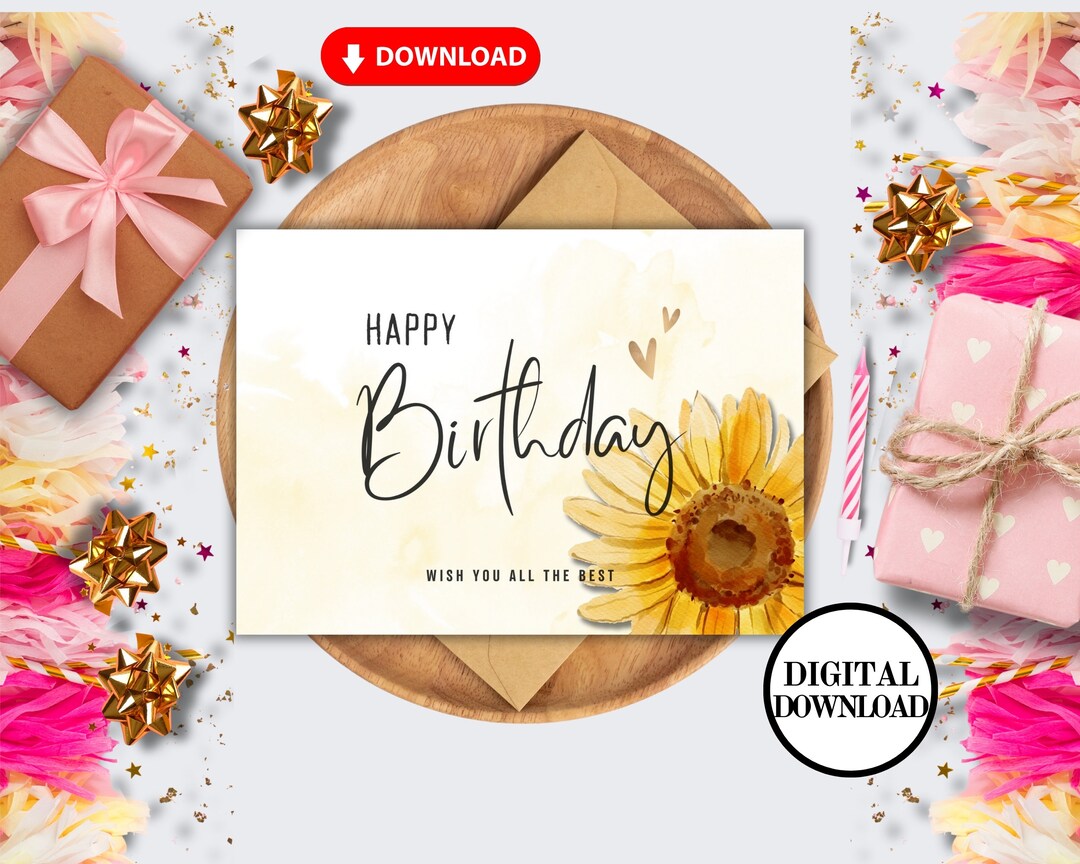 Printable Birthday Card, Instant Downloadable Birthday Card, Sunflower ...