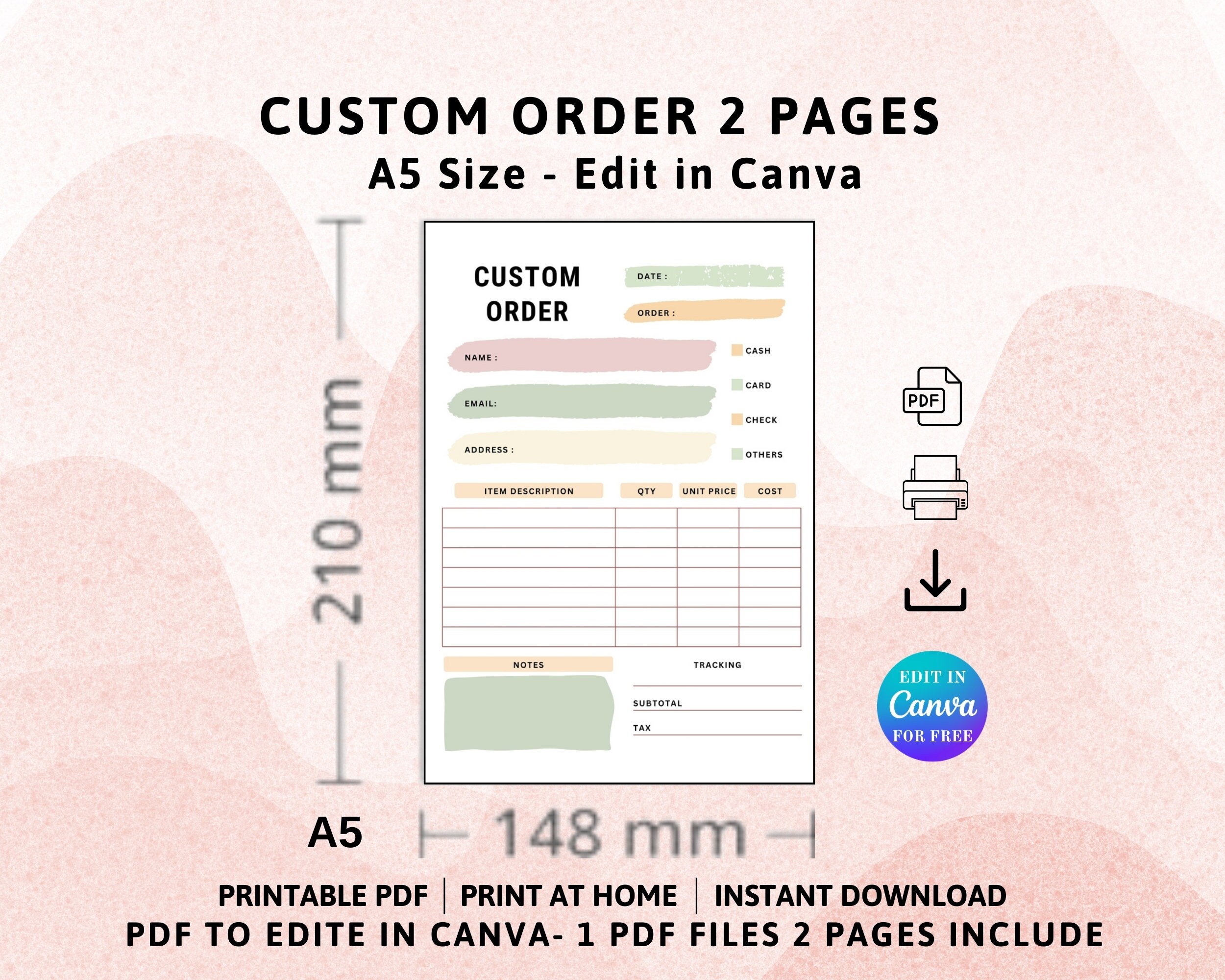 Custom Order Form Template, Printable A5 Size, Editable in Canva (pdf ...