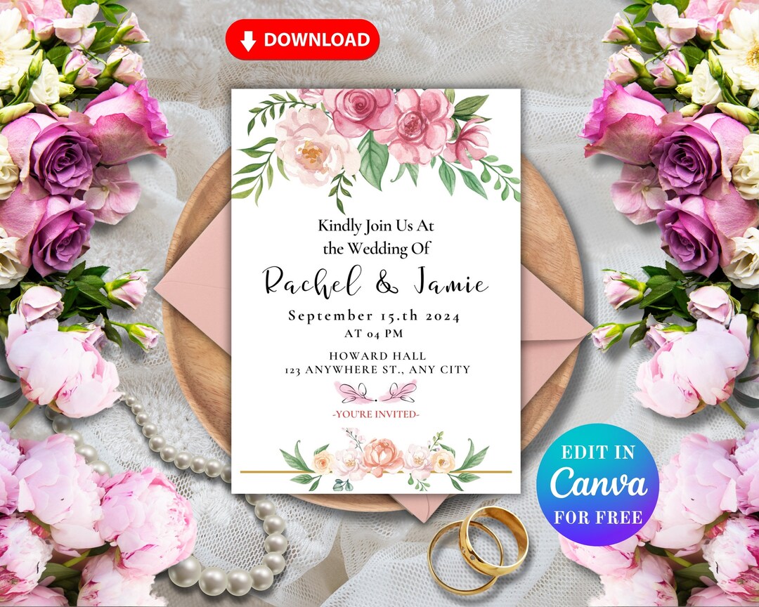 Pink Floral Wedding Invitation Set Template, Personalized Wedding ...