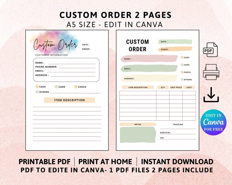Custom Order Form Template, Printable A5 Size, Editable in Canva (pdf ...