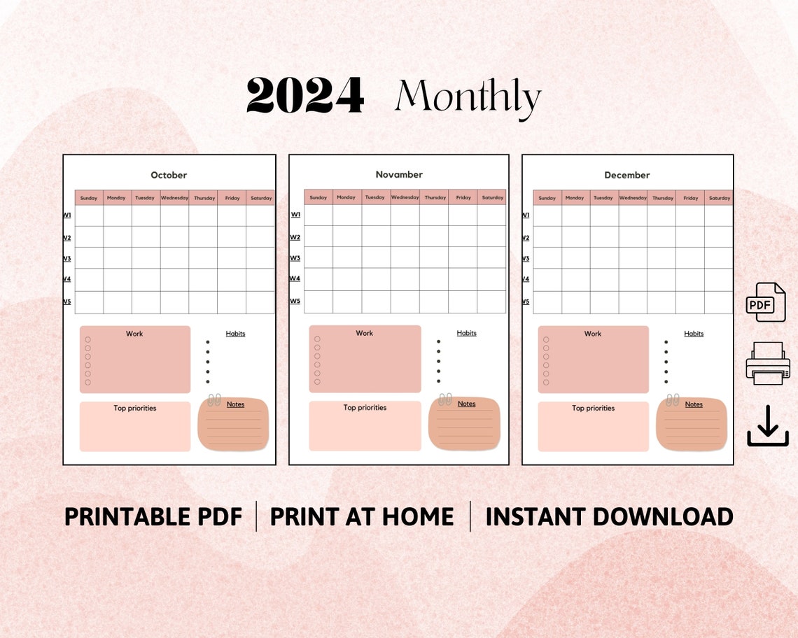 2024 Yearly Calendar Printable, 2024 Calendar Vertical Calendar, 2024 ...