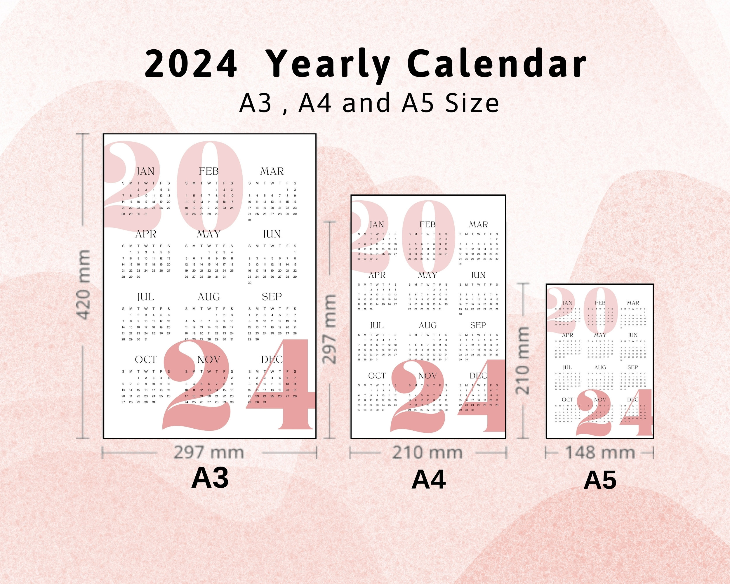 2024 Yearly Calendar Printable, 2024 Calendar Vertical Calendar, 2024 ...