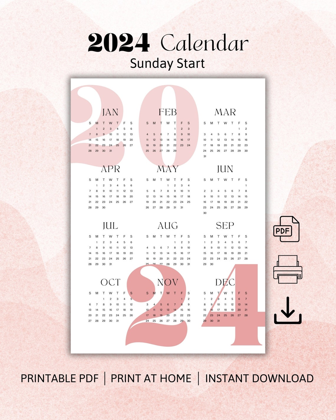 2024 Yearly Calendar Printable, 2024 Calendar Vertical Calendar, 2024 ...