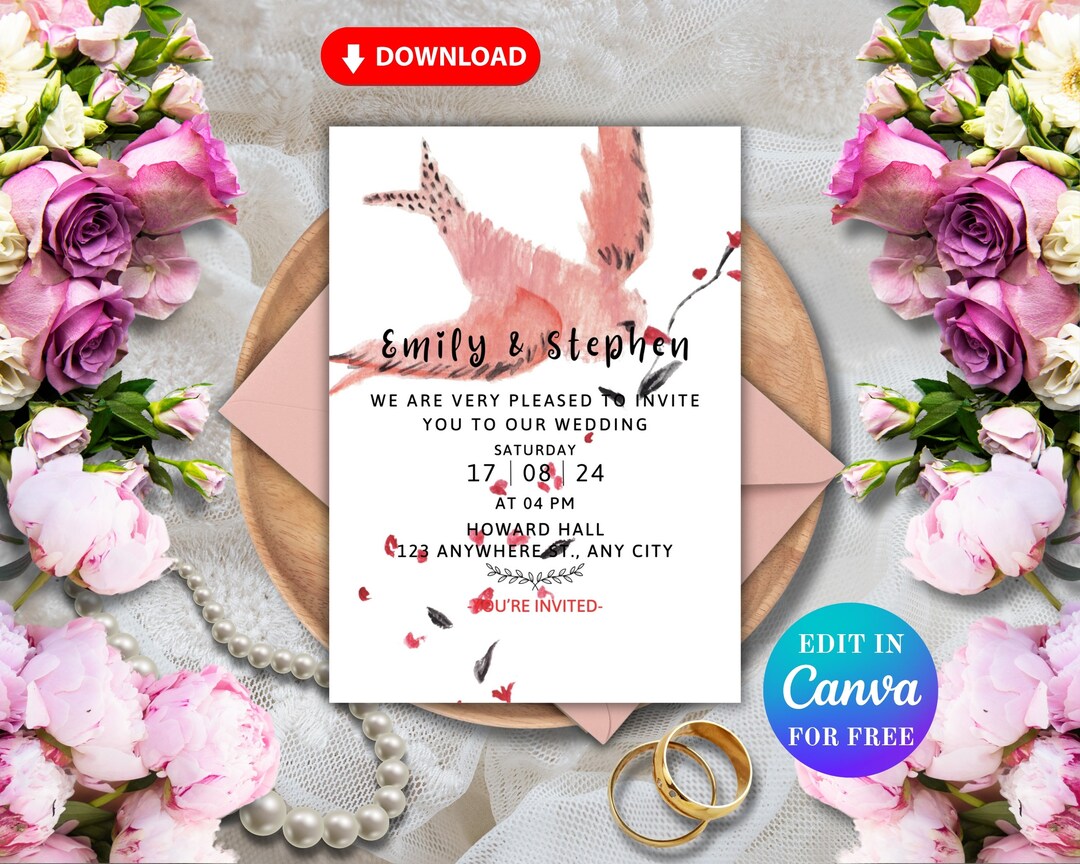 Bird Wedding Invitation Set Template, Printable Wedding Invitation ...