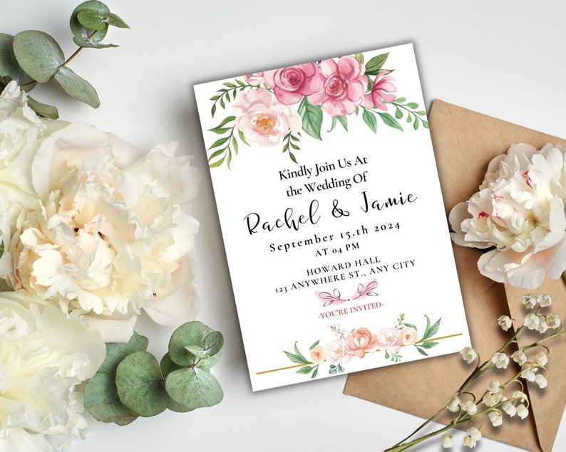 Pink Floral Wedding Invitation Set Template, Personalized Wedding ...