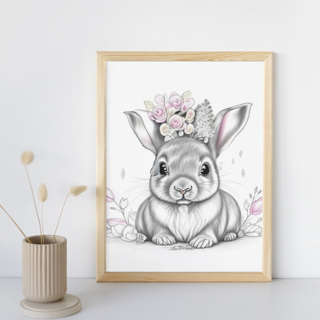 Digital Prints Wall Art, Bunny Animal Art, Bunny Clip Art, Gift, Flower ...