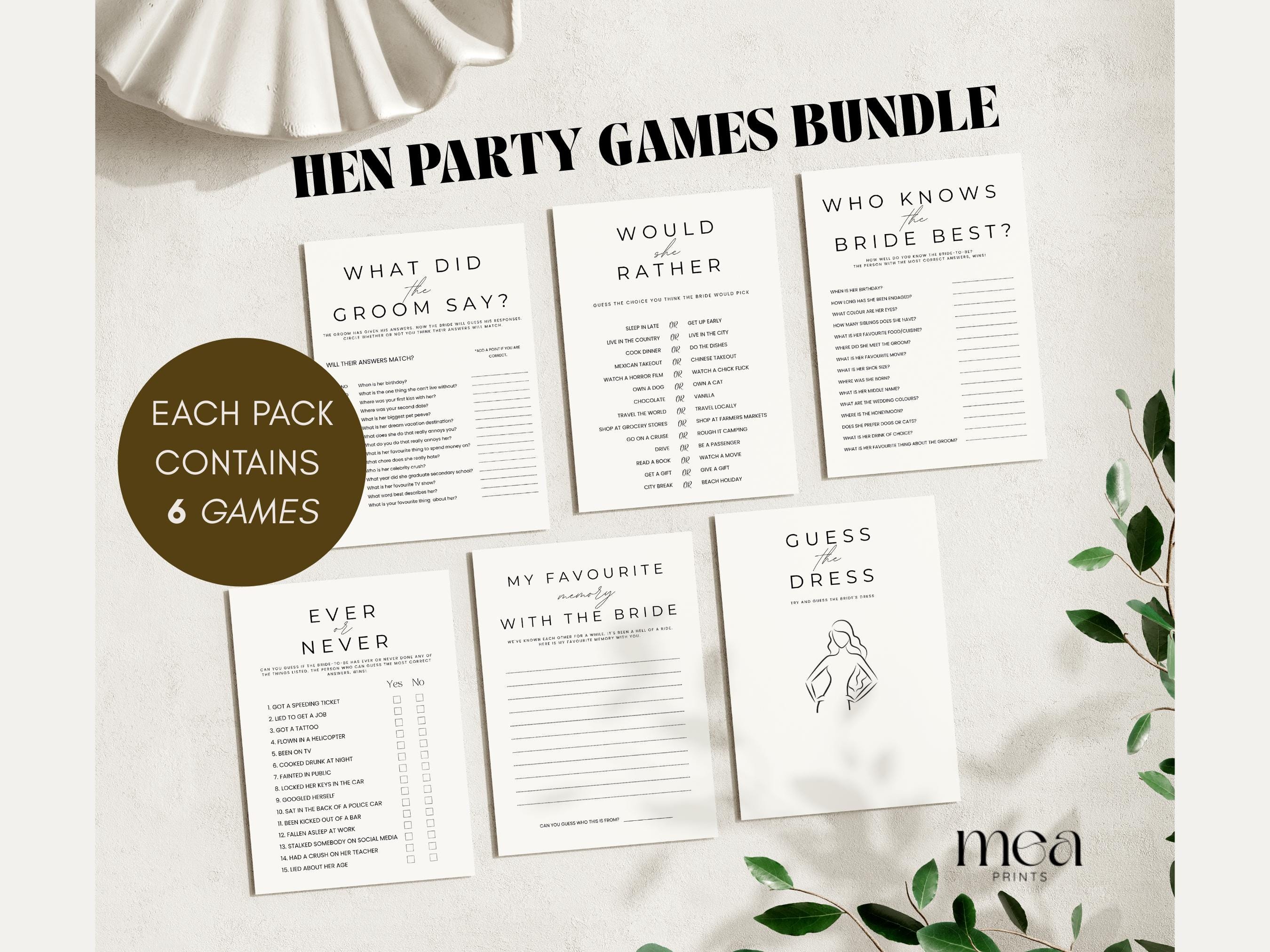 UK Hen Do Games | Pack of 6 Hen Party Games | Hen Do Quiz | Bridal ...