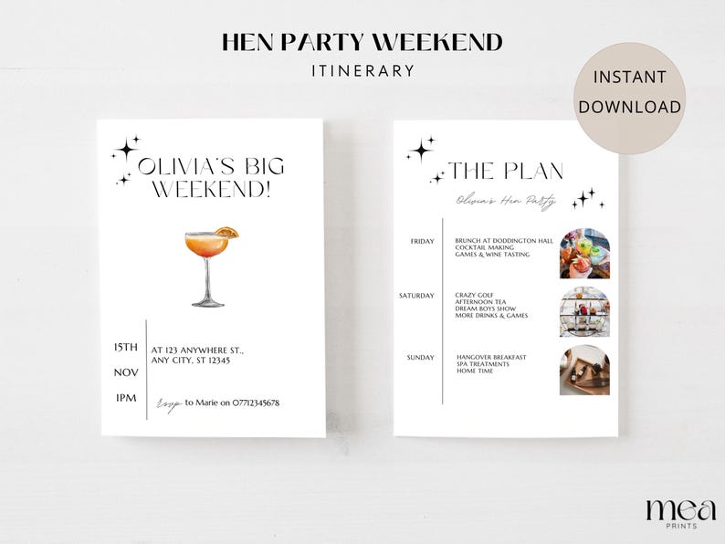 Editable Minimalist Hen Party Invite & Itinerary | Digital Hen Weekend ...