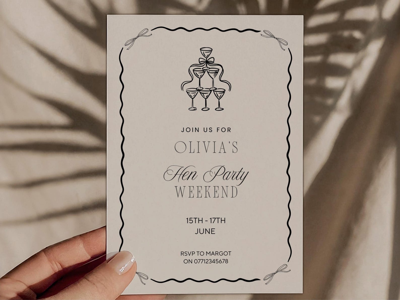 Editable Black Bow Hen Party Invite & Itinerary | Digital Hen Weekend ...