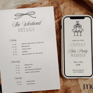 Editable Black Bow Hen Party Invite & Itinerary | Digital Hen Weekend ...