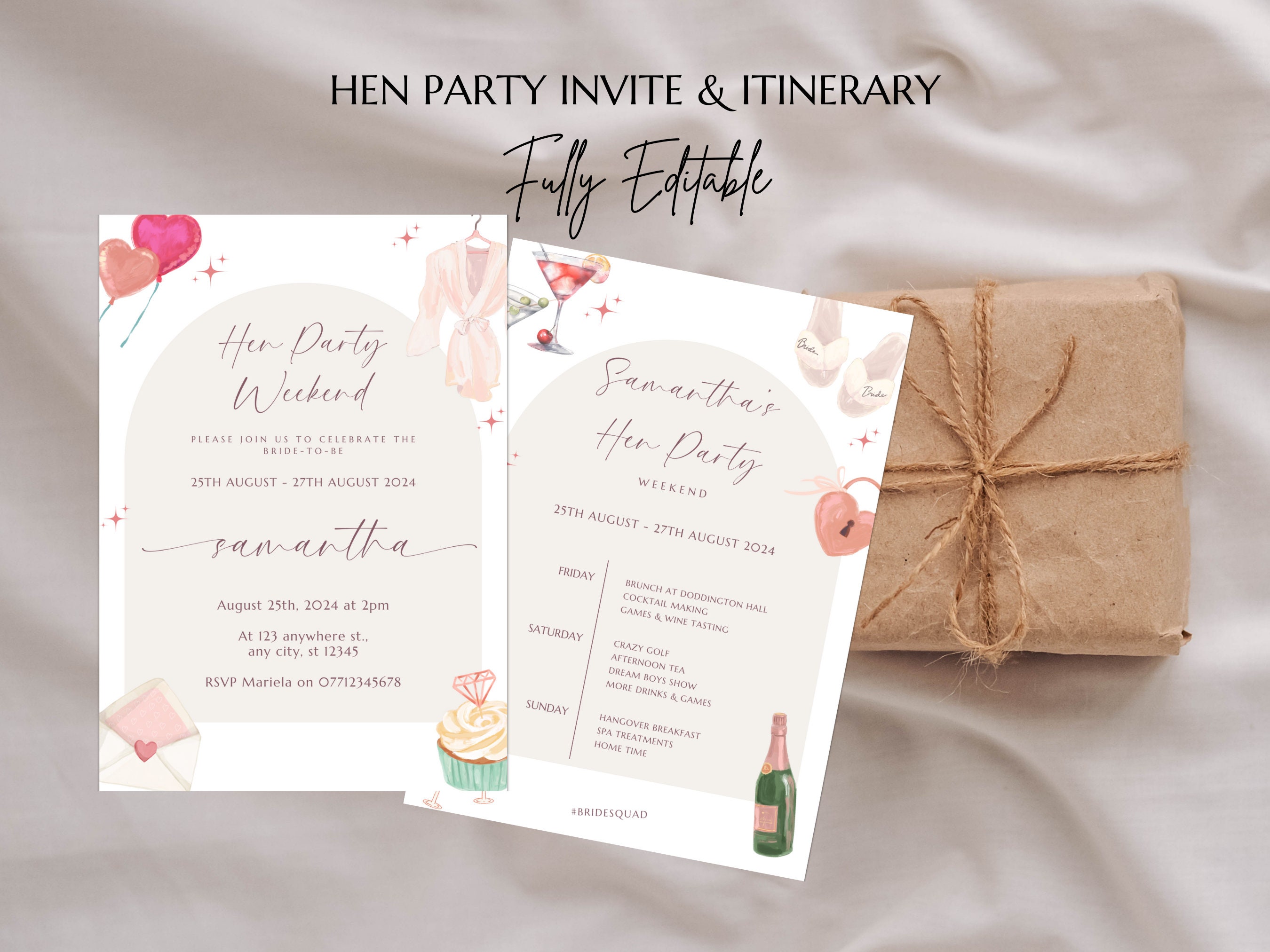 Editable Girly Hen Party Invite & Itinerary | Digital Hen Weekend ...