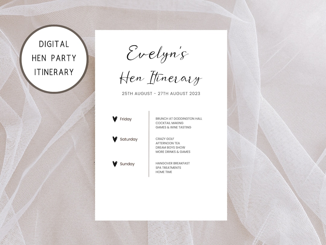 Minimalist Hen Do Itinerary, Modern Hen Party Itinerary, Hen Do ...