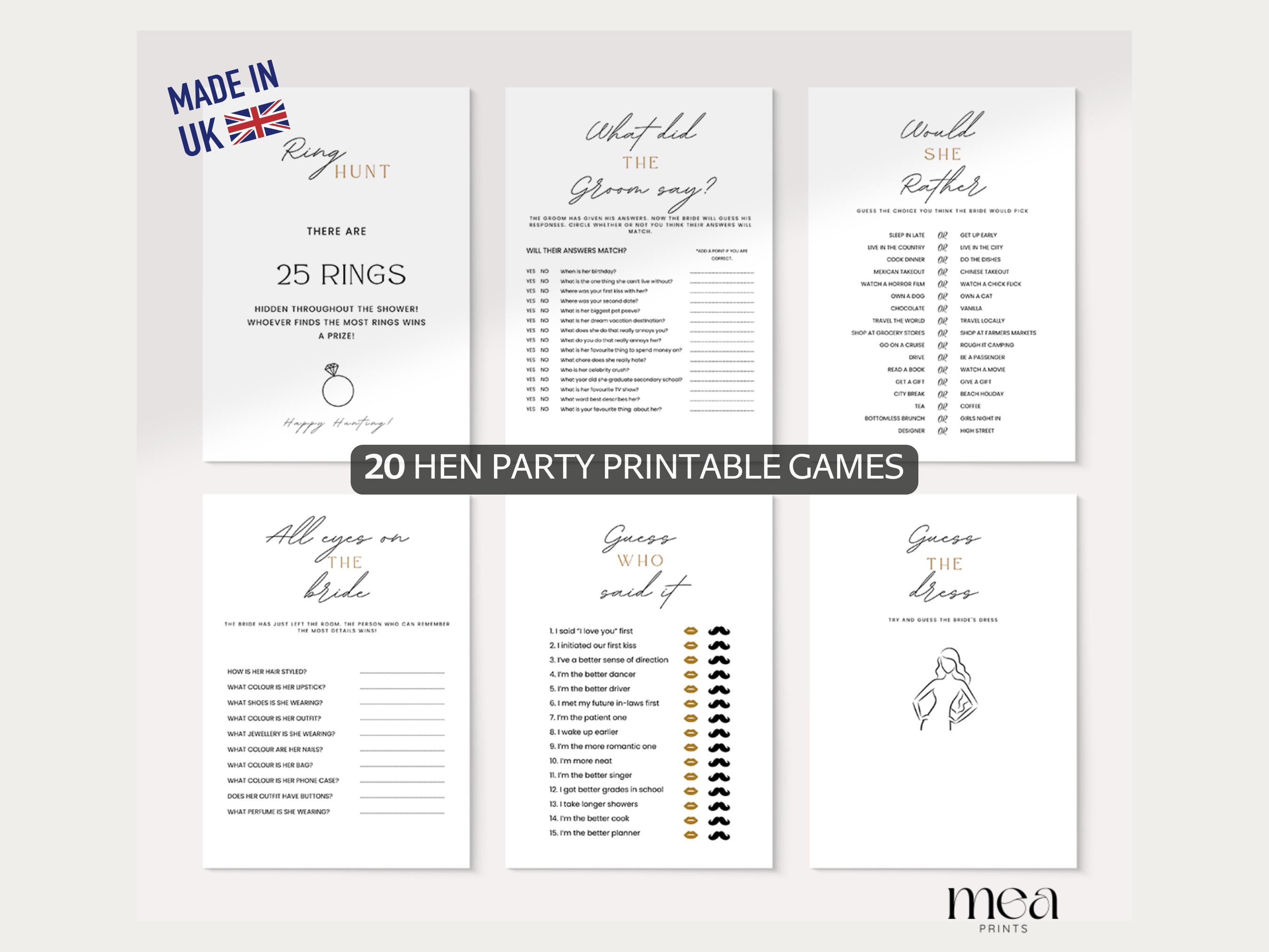 Minimalist Hen Do Games | Printable Hen Party Games | Editable Bridal ...