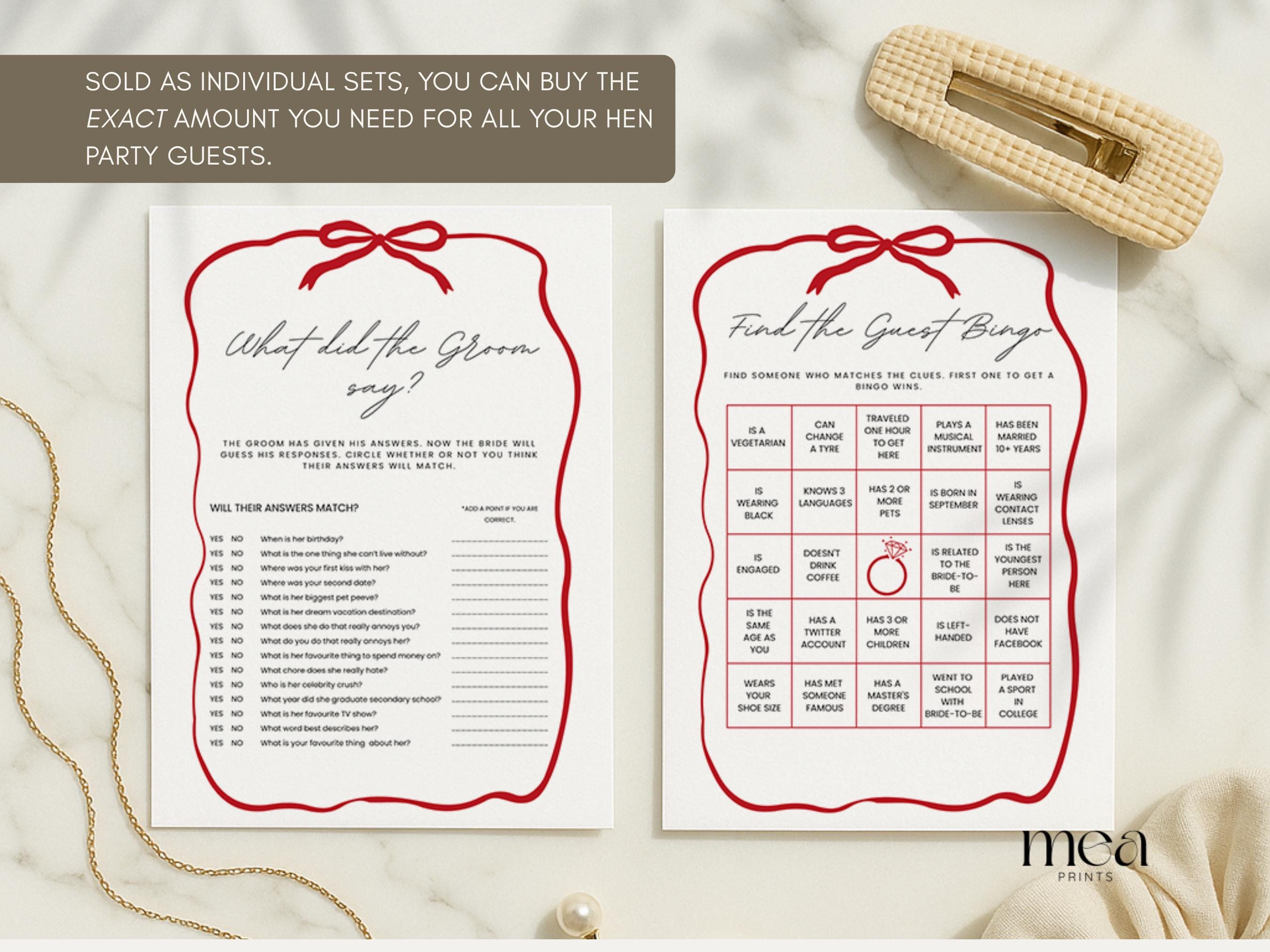 UK Hen Do Games | Pack of 6 Hen Party Games | Hen Do Quiz | Bridal ...