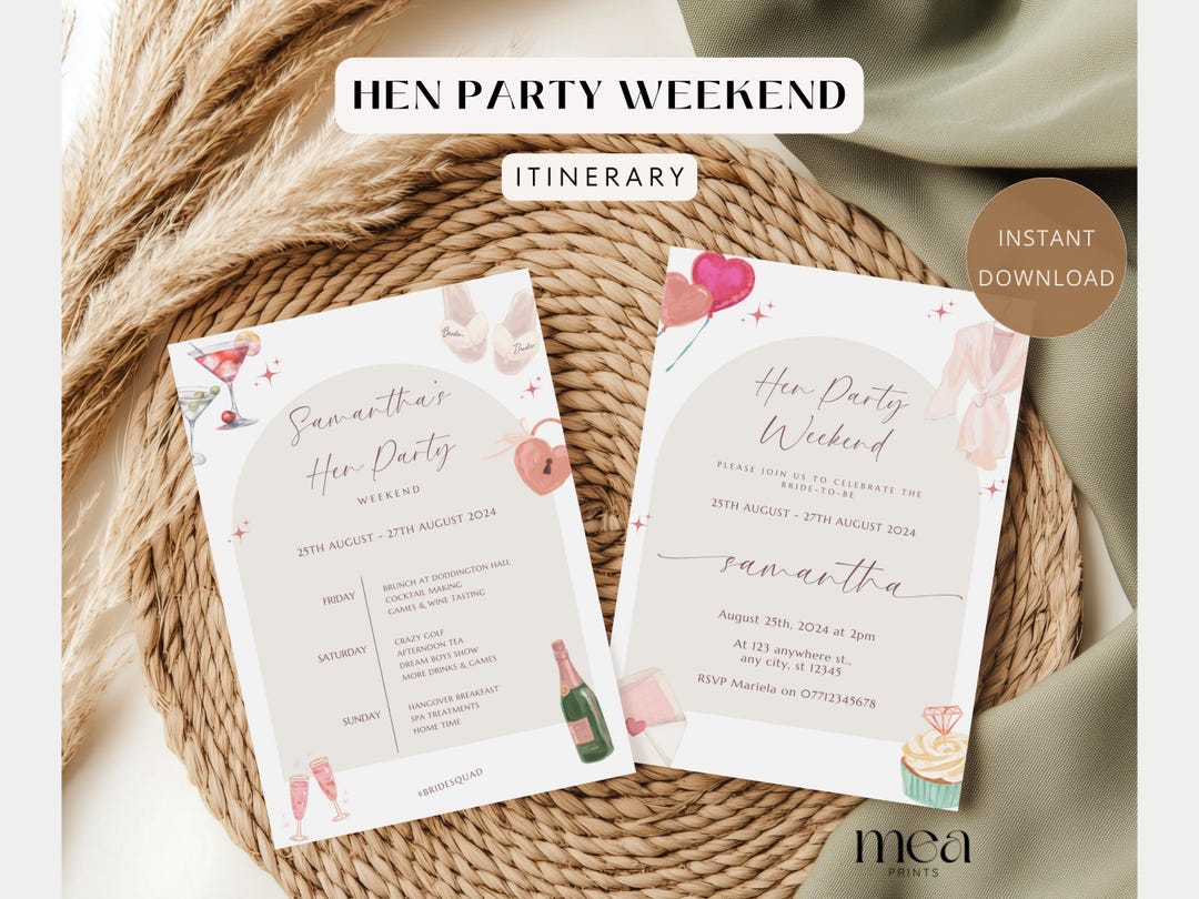 Editable Girly Hen Party Invite & Itinerary | Digital Hen Weekend ...