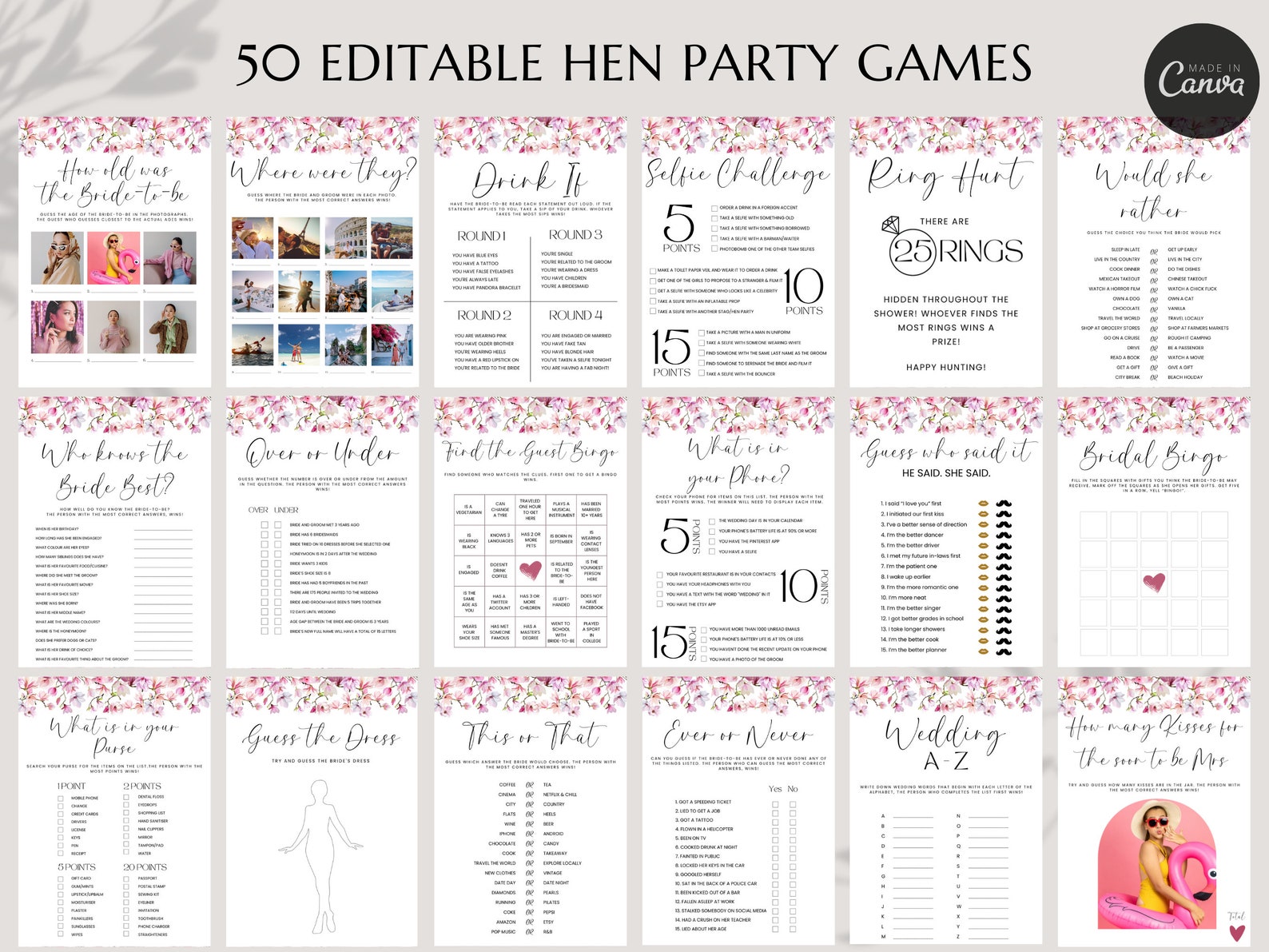 Pink Flowers Hen Do Games | Printable Hen Party Games | Editable Bridal ...
