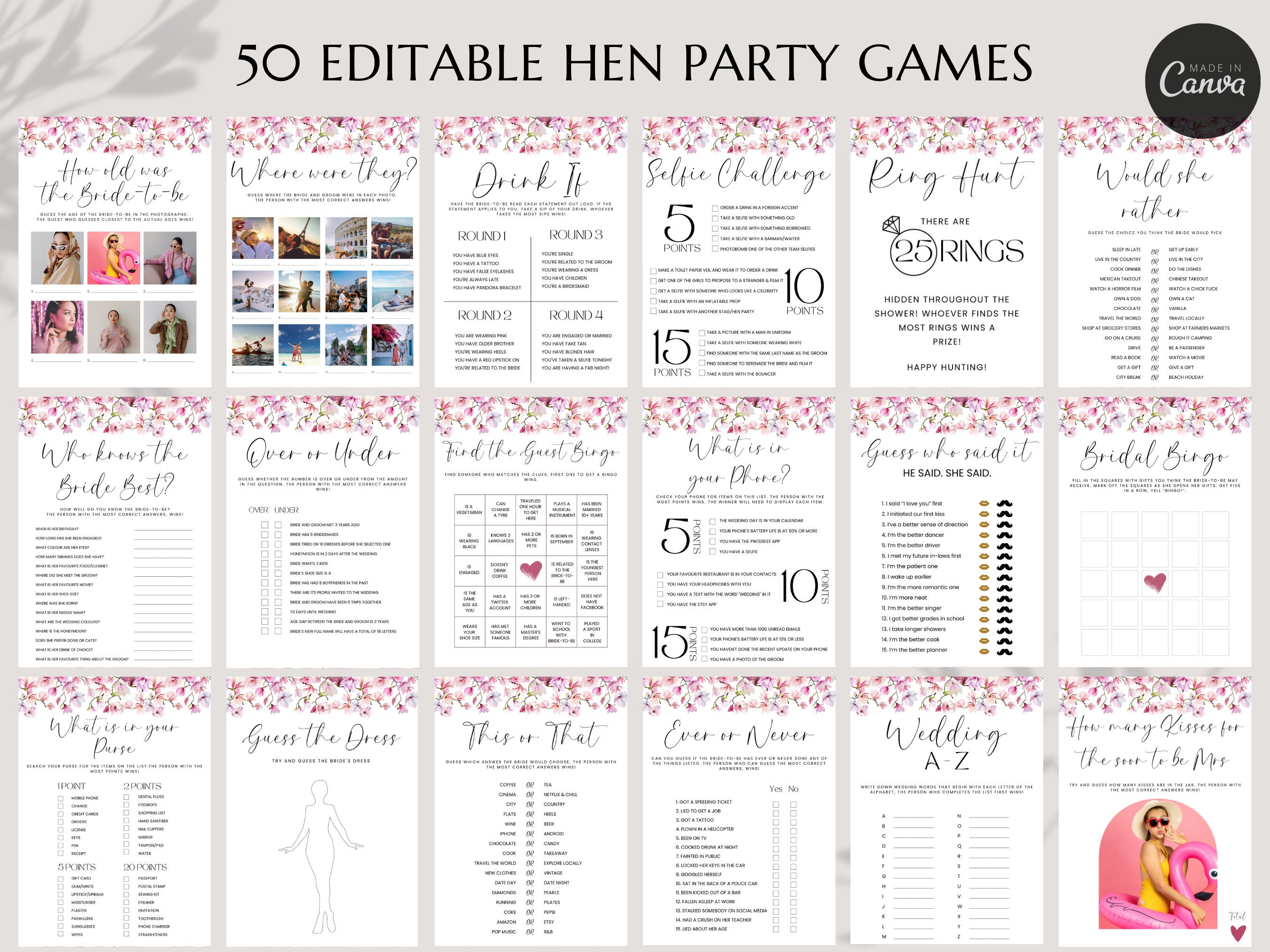 Pink Flowers Hen Do Games | Printable Hen Party Games | Editable Bridal ...